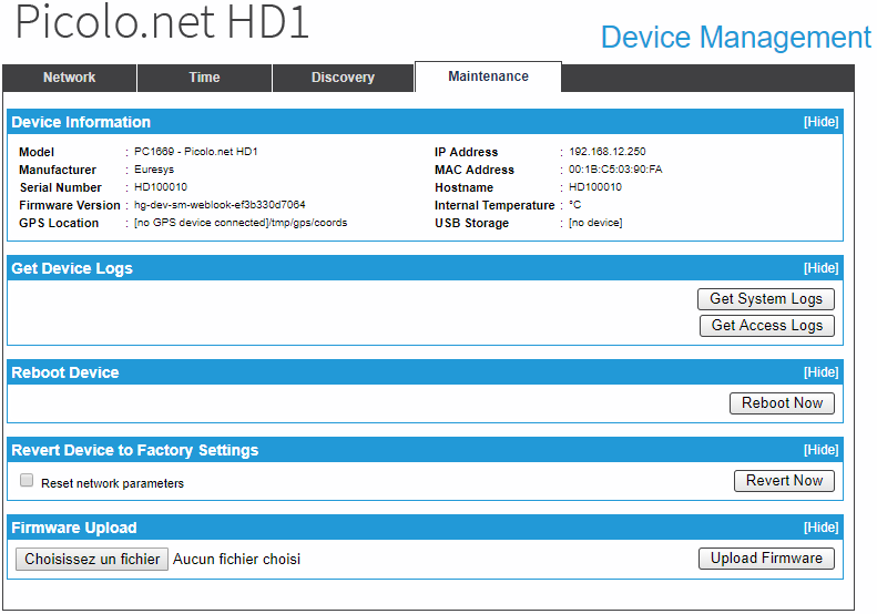 Device Management Page - Maintenance Tab